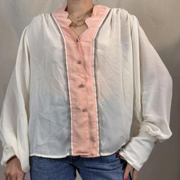 Tops | Vintage Sheer Blouse With Peach Trim And Puff Sleeve | Poshmark